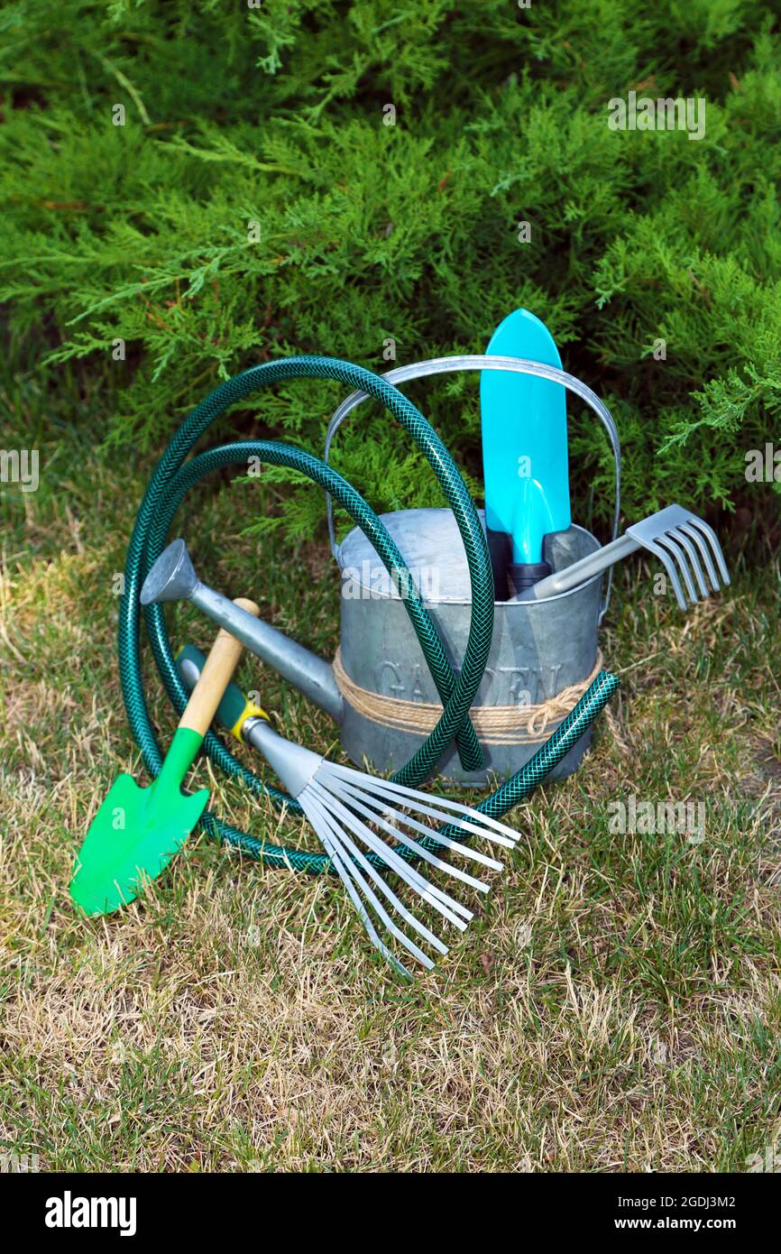 Garden tools on green grass background Stock Photo - Alamy