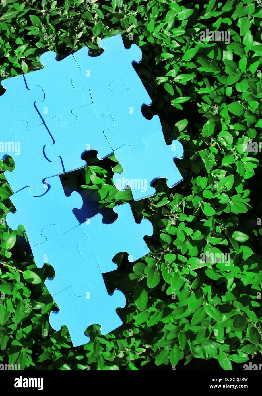 Puzzle pieces on green grass background. Green space concept Stock ...