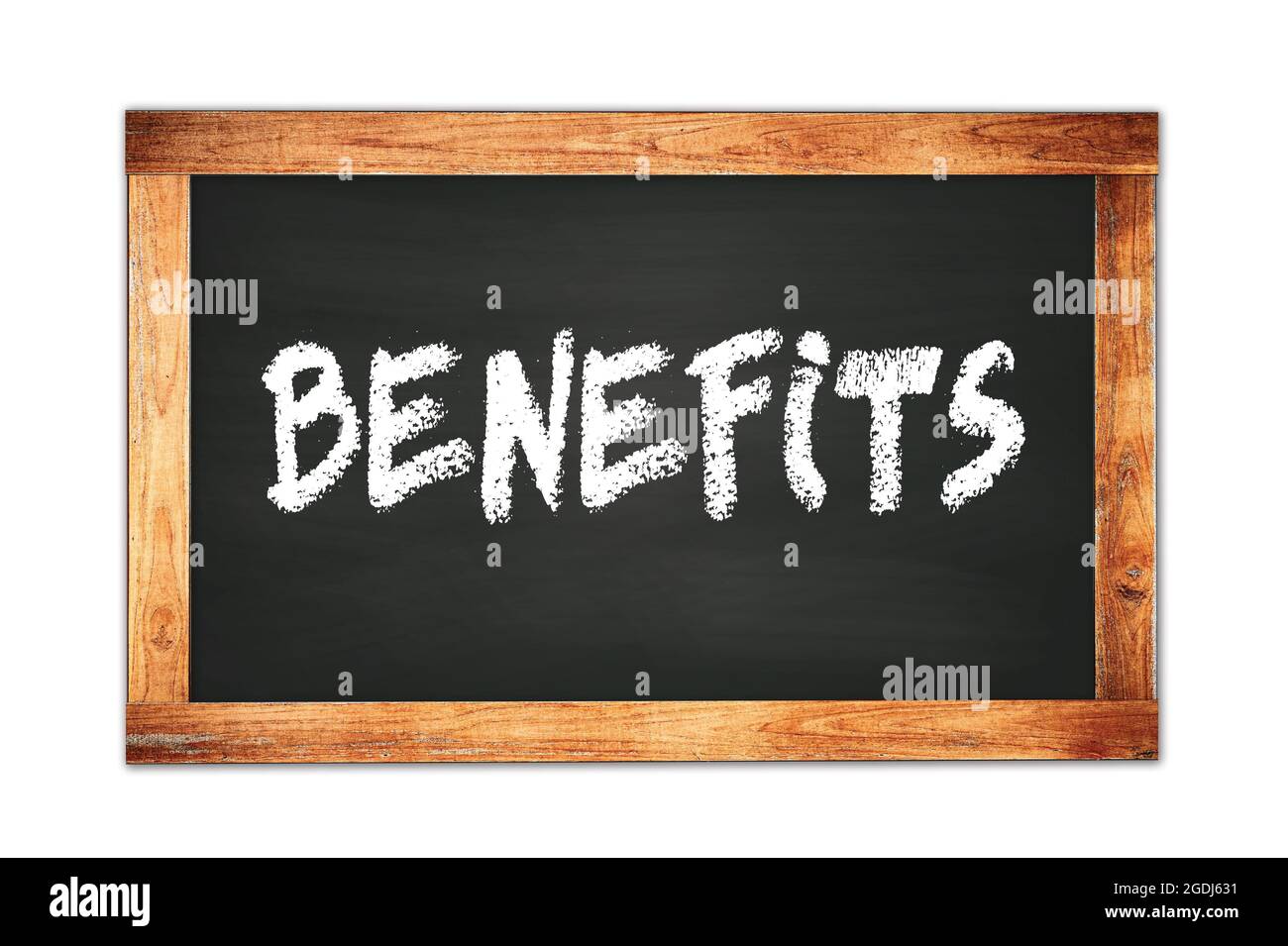 BENEFITS text written on black wooden frame school blackboard Stock ...