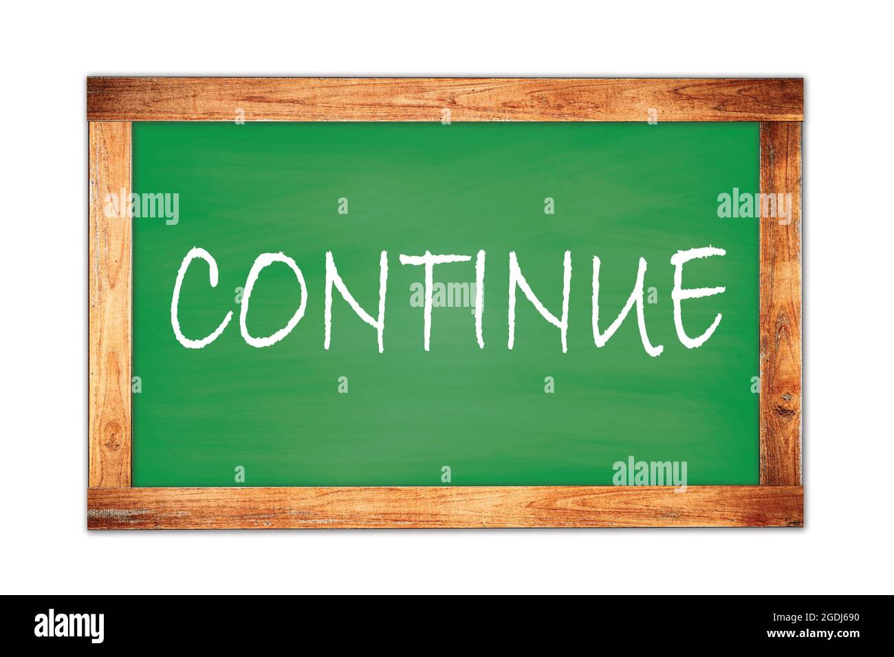 CONTINUE text written on green wooden frame school blackboard Stock ...