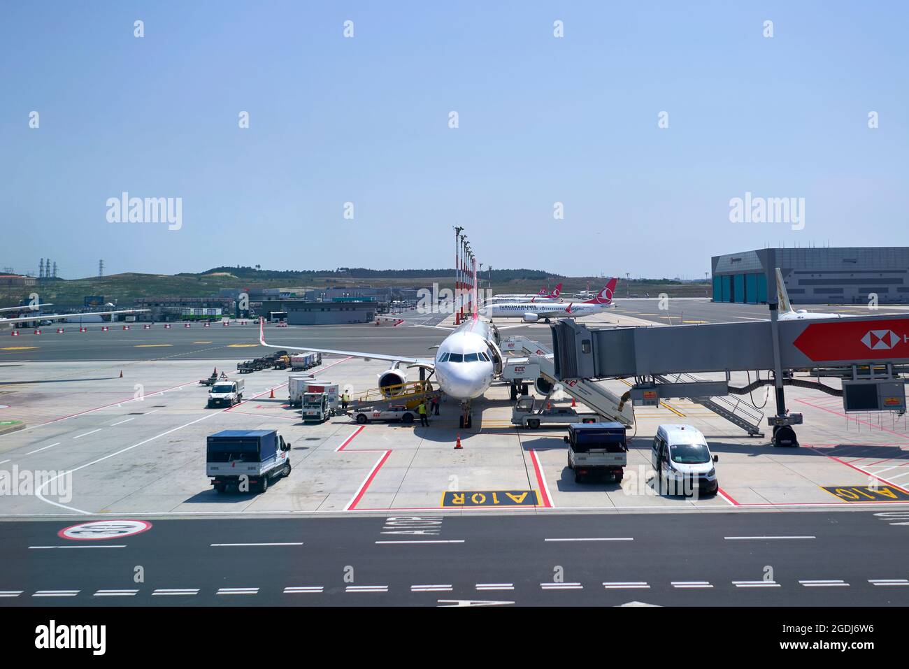 plane is standing at the ramp at the airport Stock Photo - Alamy