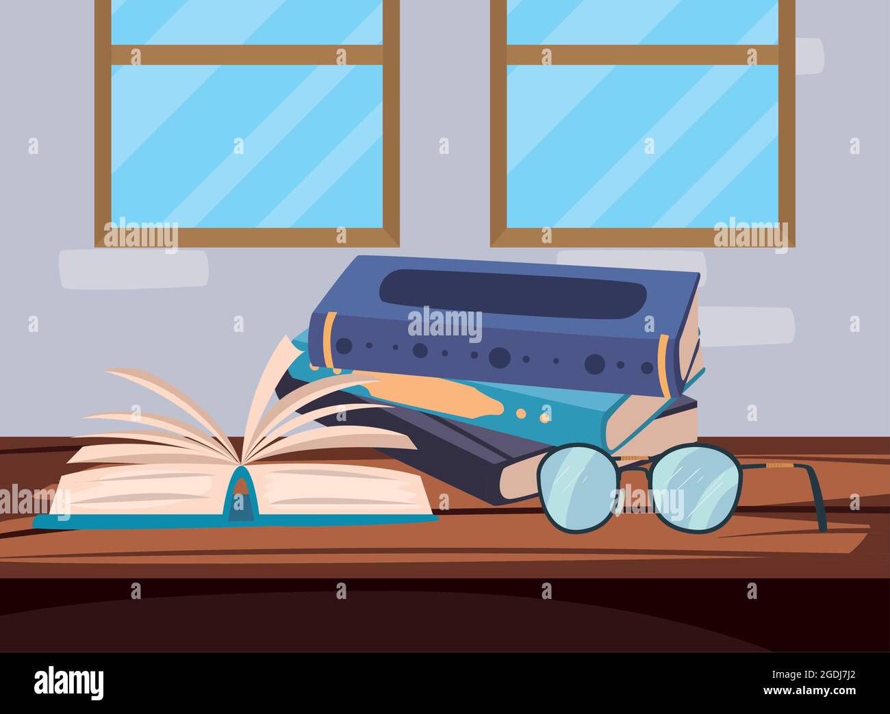 Wooden table books window Stock Vector Images - Alamy