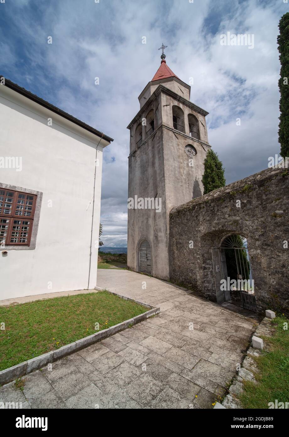 Bell tower of historic church of St. Mark in Veprinac, Croatia Stock ...