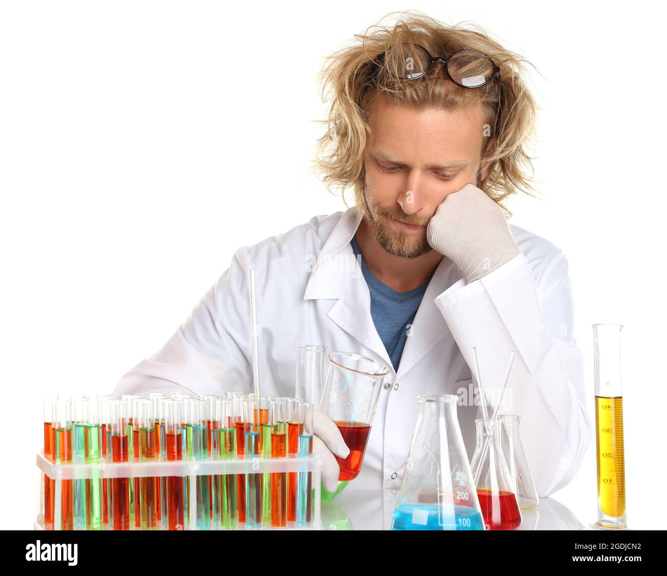 Crazy scientist working with tubes isolated on white Stock Photo - Alamy