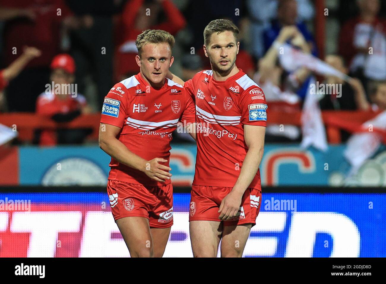 Jez Litten (14) of Hull KR and Matt Parcell (9) of Hull KR celebrate as ...