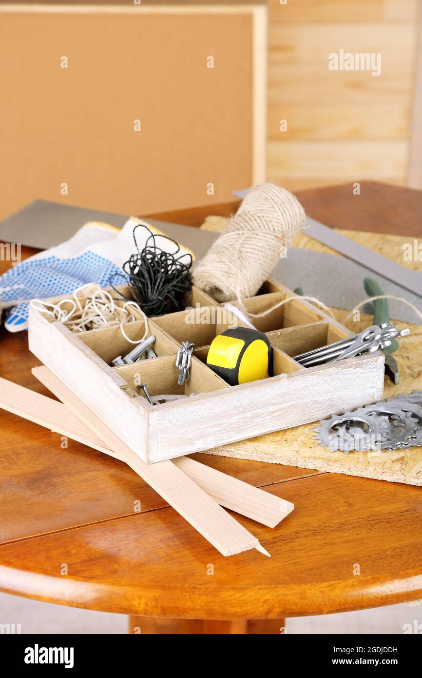 Working tools on desk, in workshop Stock Photo - Alamy
