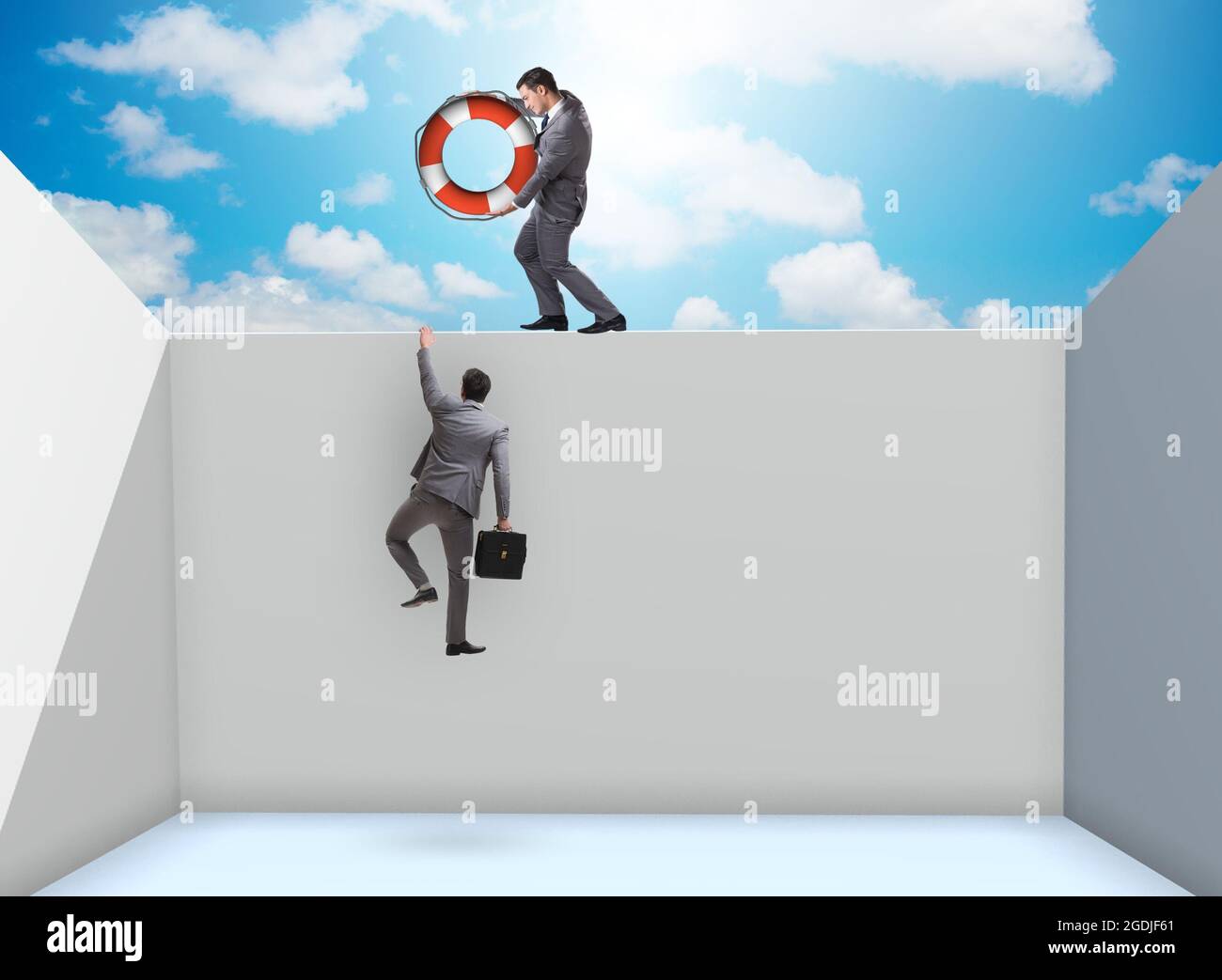 The businessman saving colleague with lifebuoy Stock Photo - Alamy