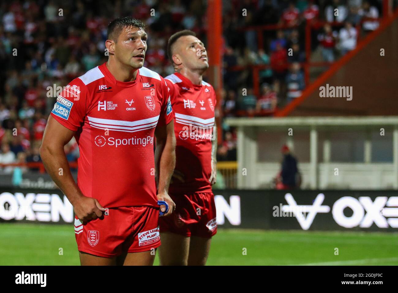 Ryan Hall (5) and Shaun Kenny-Dowall (4) of Hull KR look towards the ...