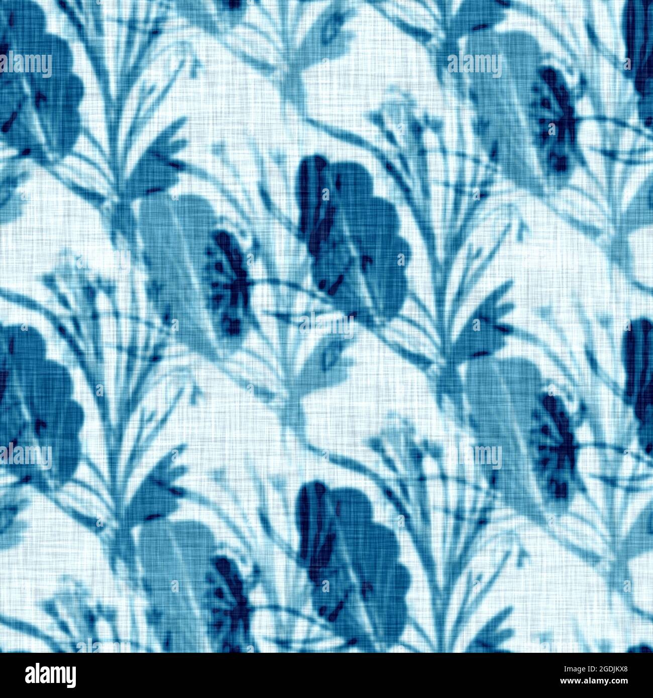 Cyanotypes blue white botanical linen texture. Faux photographic leaf ...