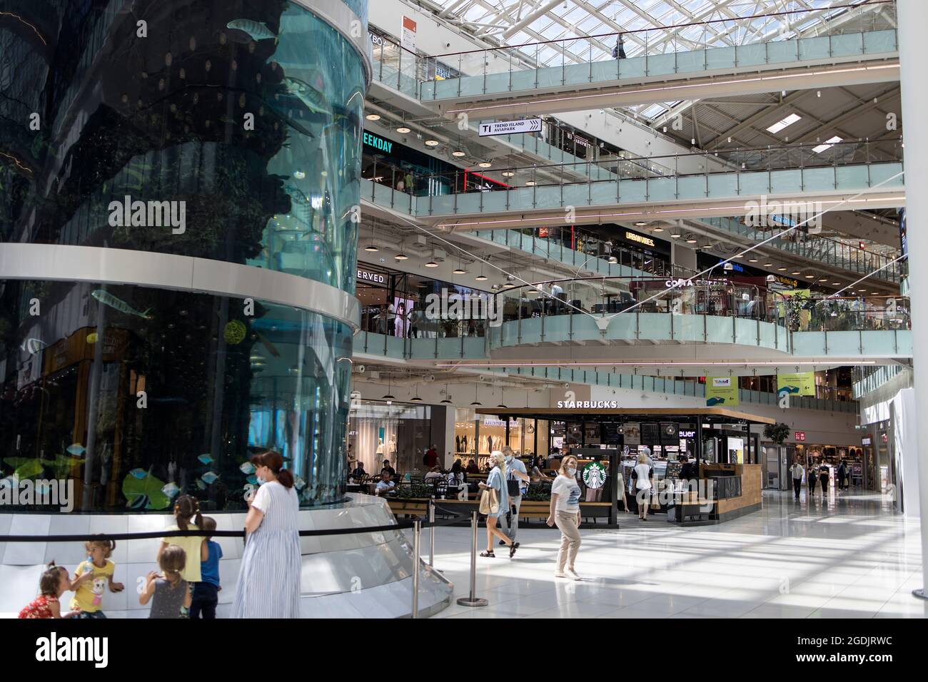 Moscow, Russia - July 2021, Tallest cylindrical aquarium in the world ...