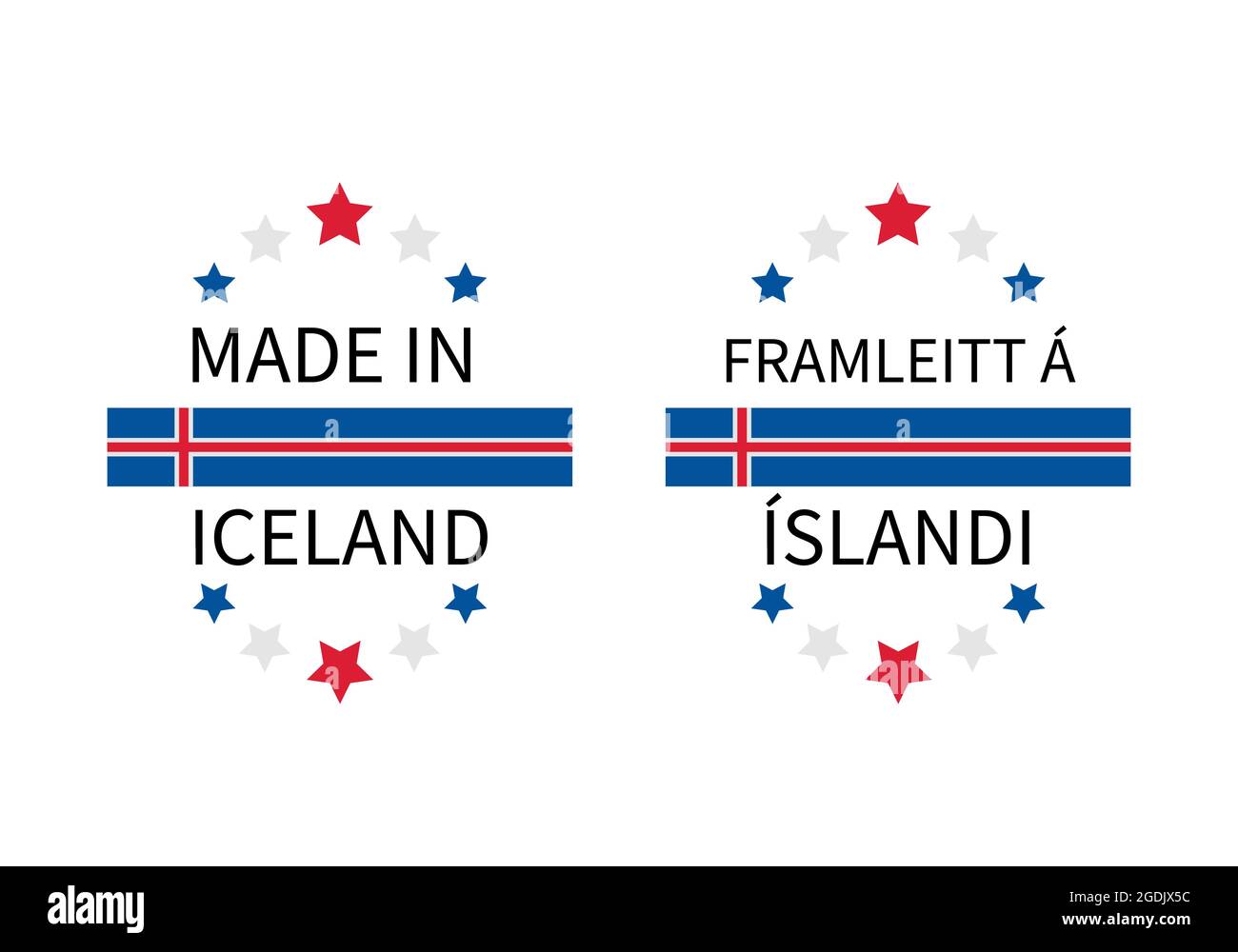 Made in Iceland labels in English and in Icelandic languages. Quality ...