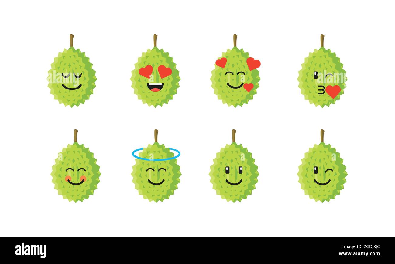 Set of cute durian with emoticon slightly smiling face, face blowing a ...