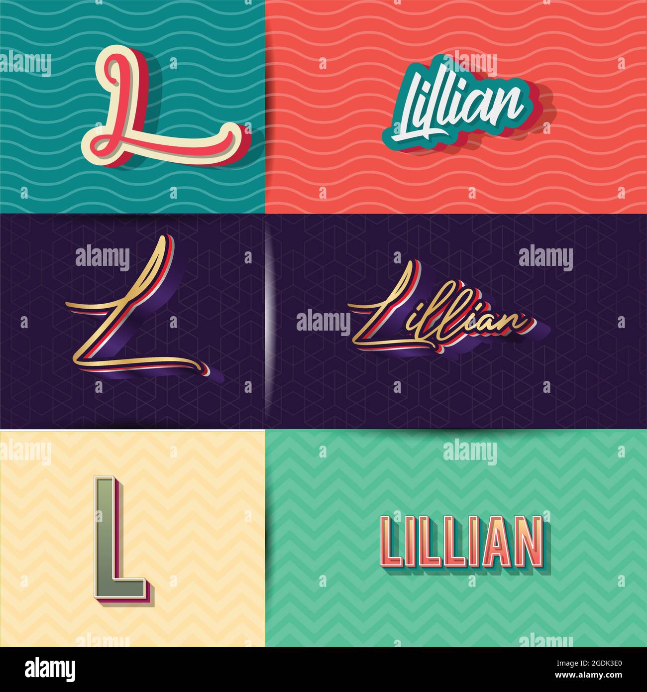 name LILIAN in various Retro graphic design elements, set of vector ...