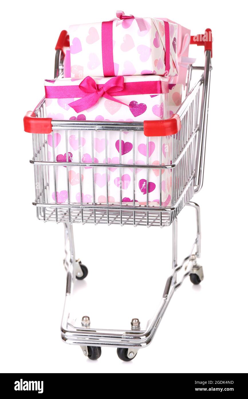 Many present boxes in shopping cart isolated on white Stock Photo - Alamy