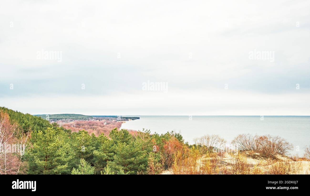 View of the Curonian Spit, the Curonian Bay and the village of Morskoye ...