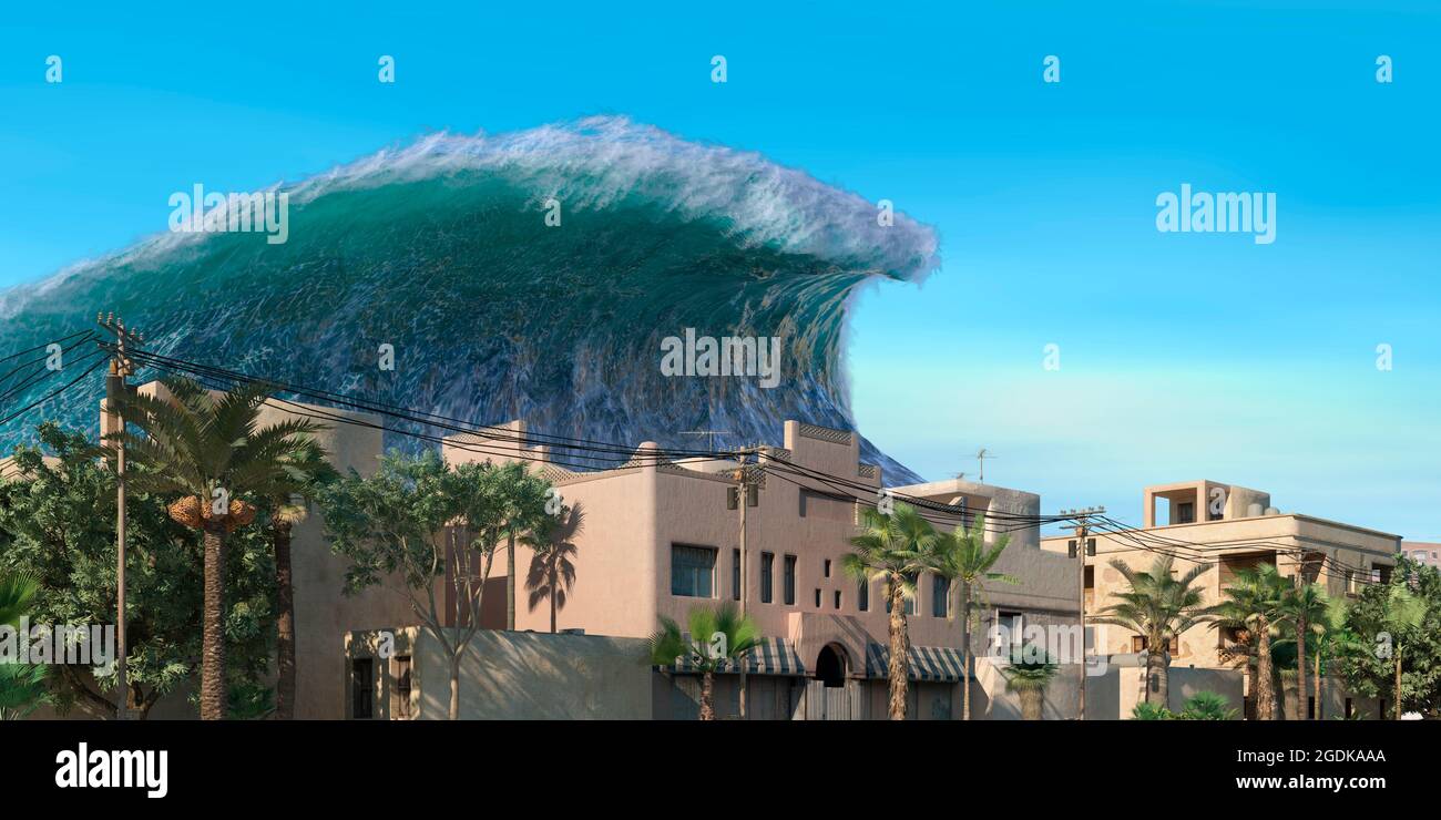 3D illustration tsunami wave apocalyptic water view urban flood Storm ...