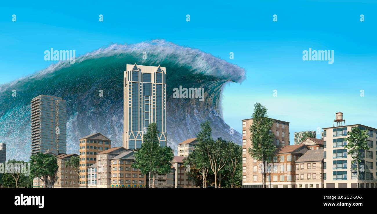 3D illustration tsunami wave apocalyptic water view urban flood Storm ...
