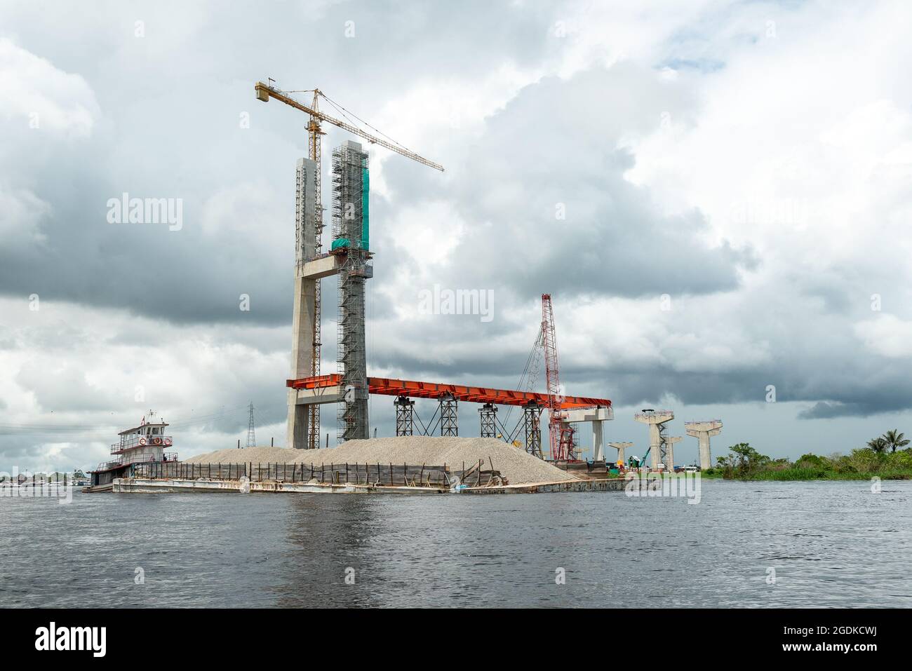 Peru, Amazon, Iquitos. The Nanay Bridge is a bridge under construction ...