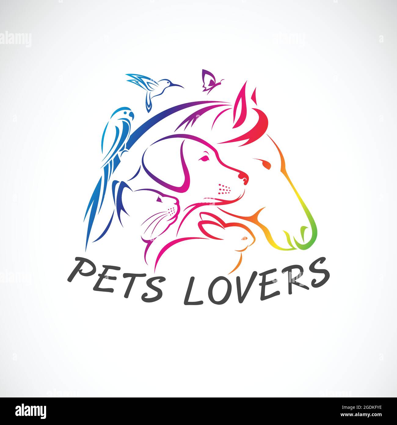 Vector group of pets - Horse, Dog, Cat, Humming bird, Parrot, Butterfly ...