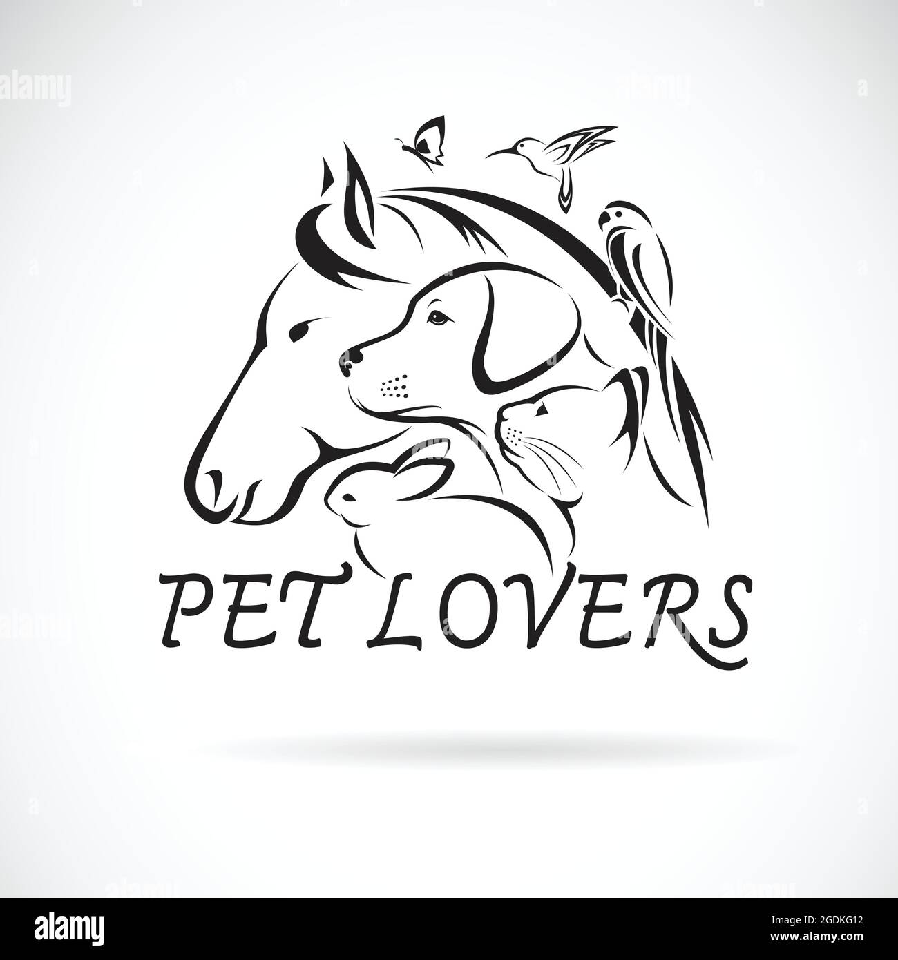 Vector group of pets - Horse, Dog, Cat, Humming bird, Parrot, Butterfly ...