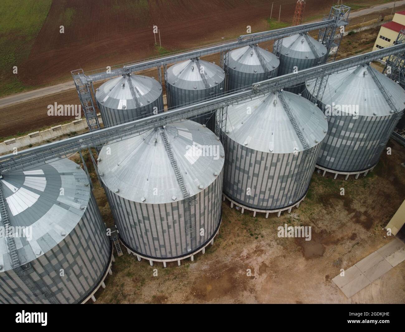 Grain elevator. Metal grain elevator in agricultural zone. Agriculture ...