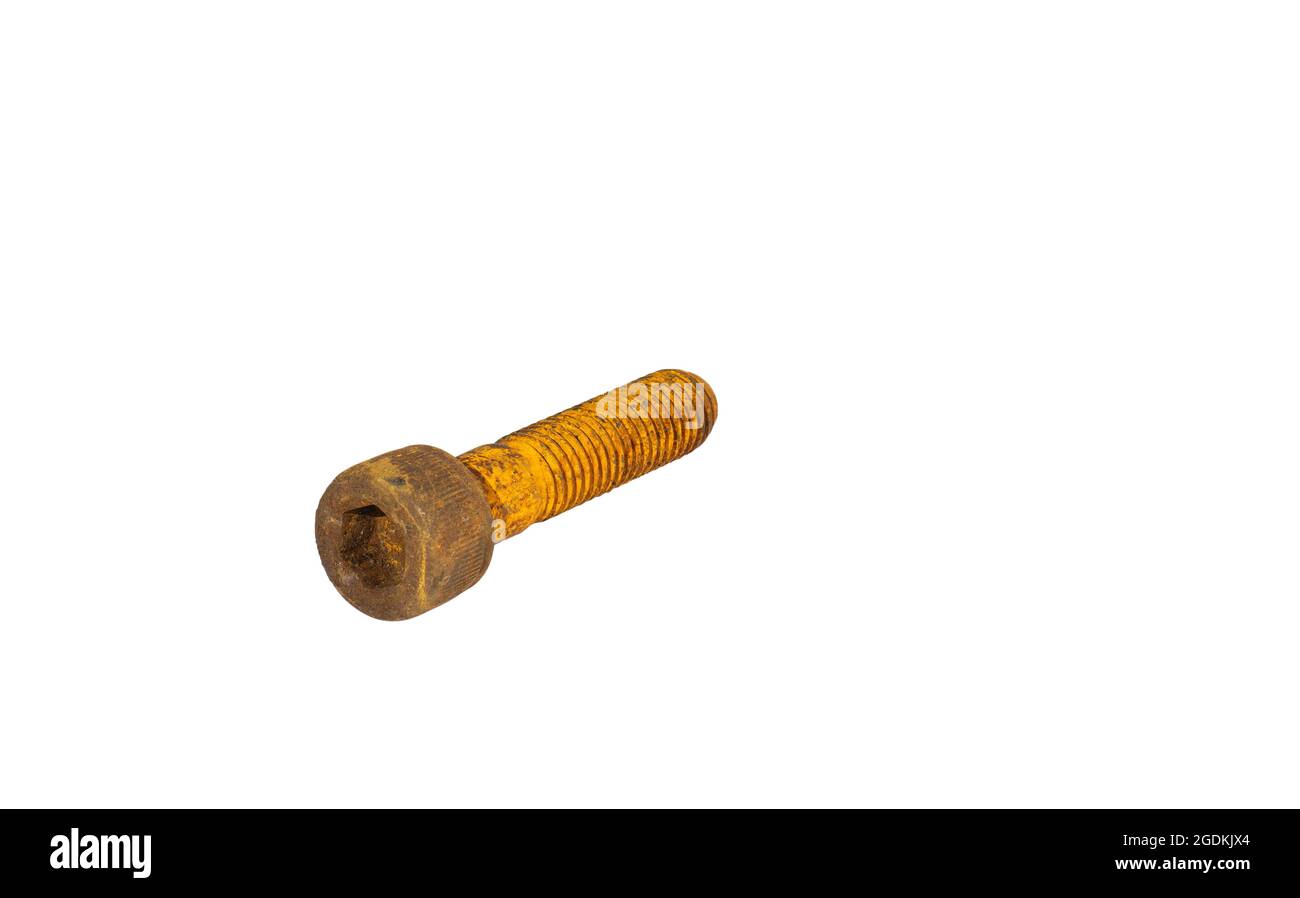 Old and rusty socket head screws are placed on a white background ...