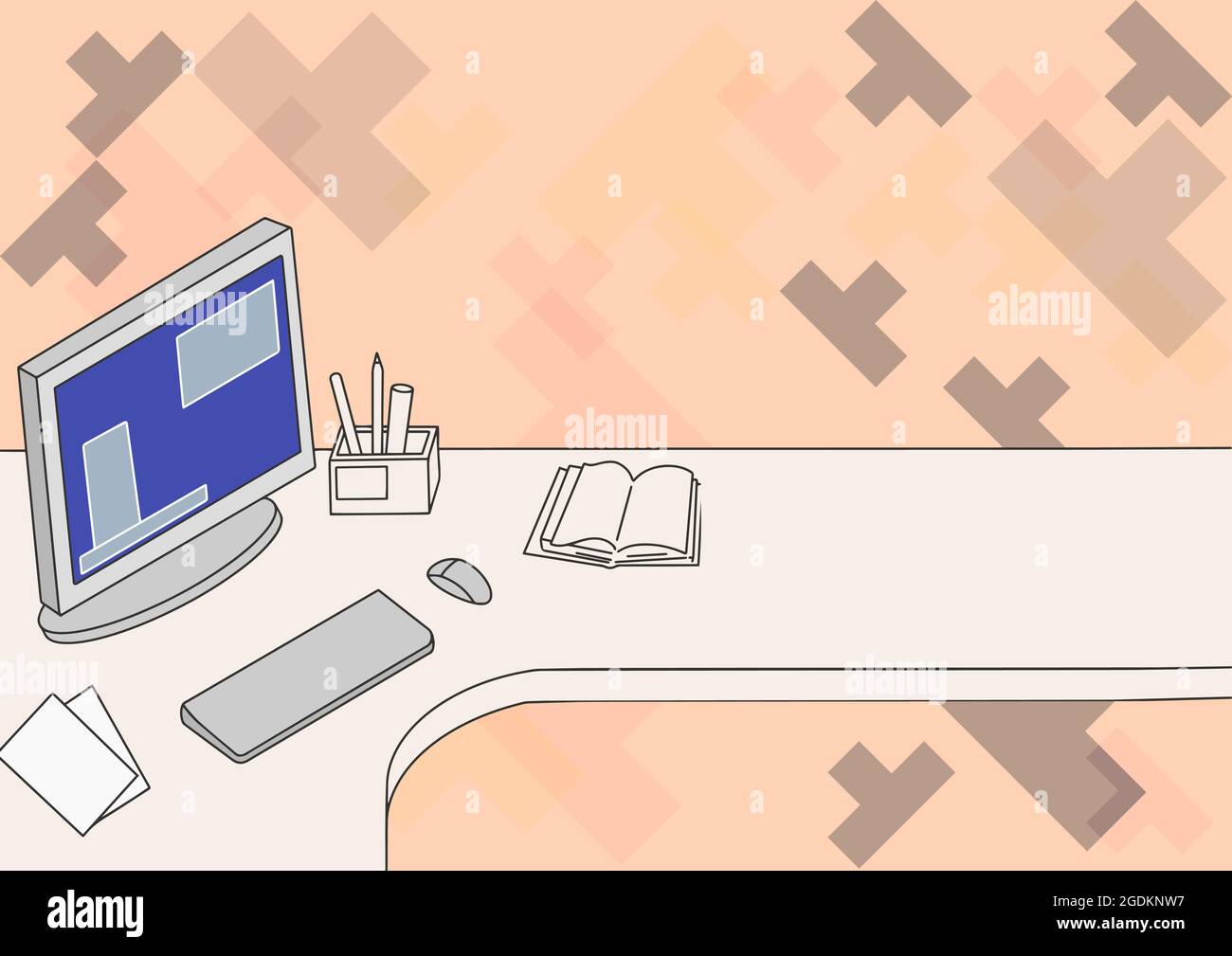 Office Desk Drawing With Computer Pen Holder And An Open Blank Notebook ...