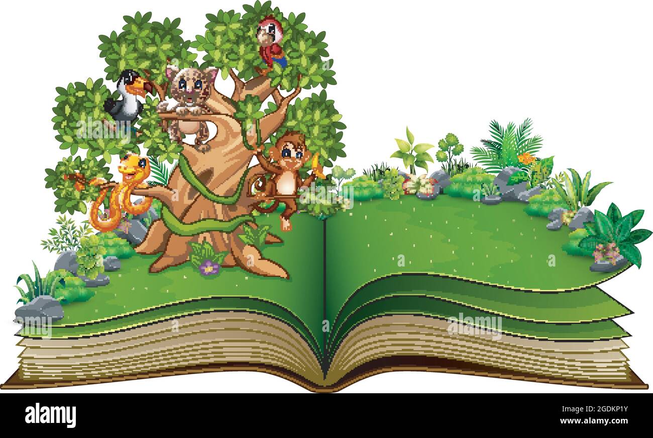 Open book with animals cartoon on the trees Stock Vector Image & Art ...