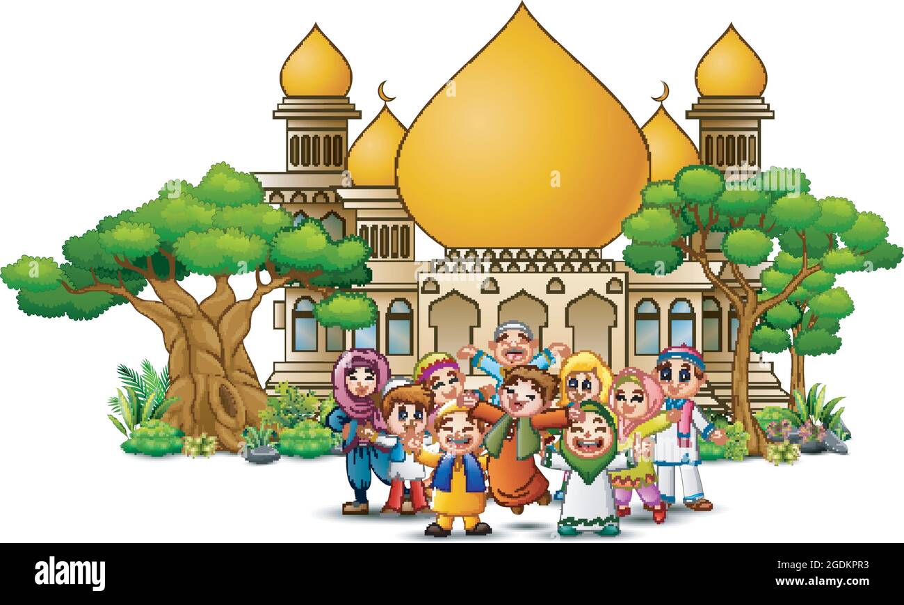 Happy Muslim Kids Cartoon in front of a mosque Stock Vector Image & Art ...