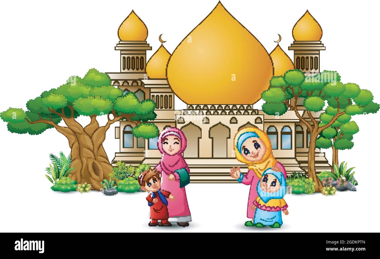 Happy Muslim Kids Cartoon in front of a mosque Stock Vector Image & Art ...