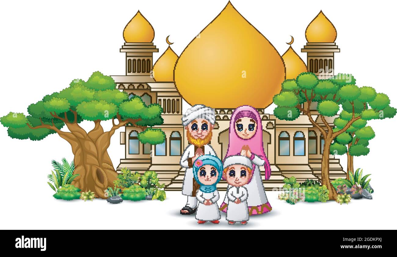 Happy Muslim Kids Cartoon in front of a mosque Stock Vector Image & Art ...