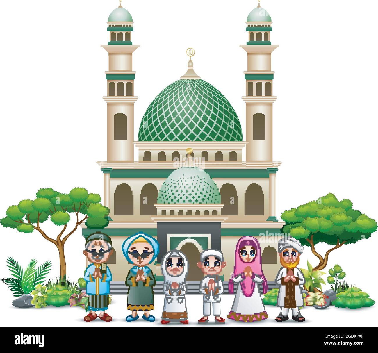Happy Islamic kids cartoon playing in front of a mosque Stock Vector ...