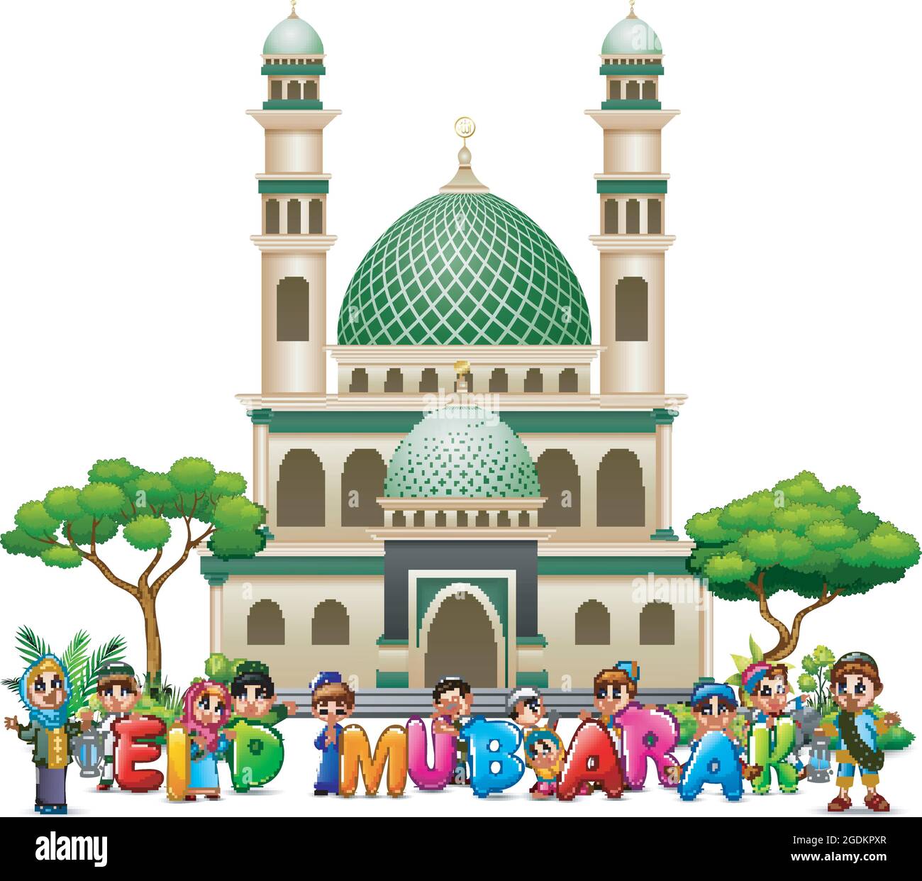 Happy islamic kids and colorful text Eid Mubarak in front of a mosque ...