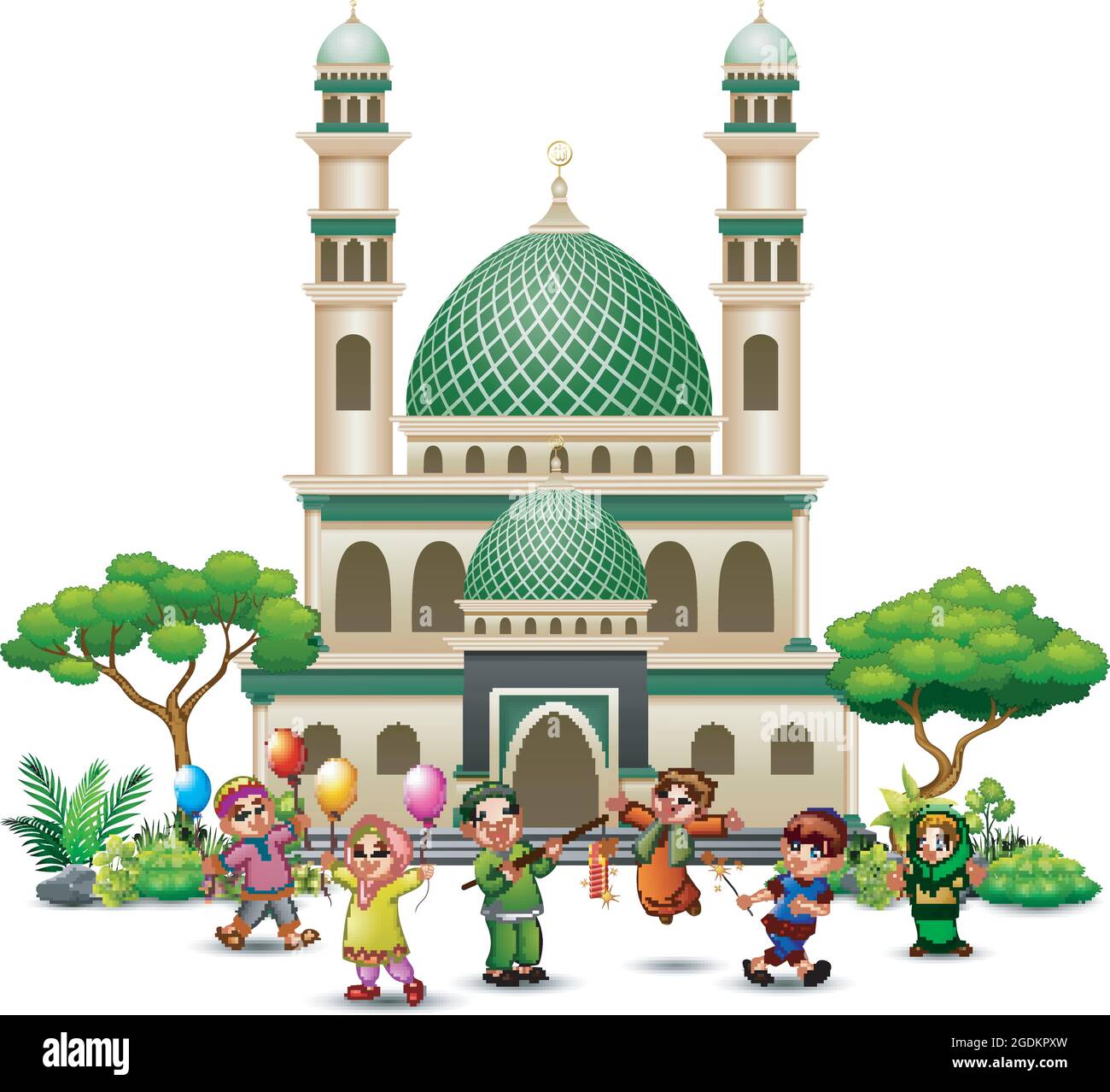 Happy Islamic kids cartoon playing in front of a mosque Stock Vector ...