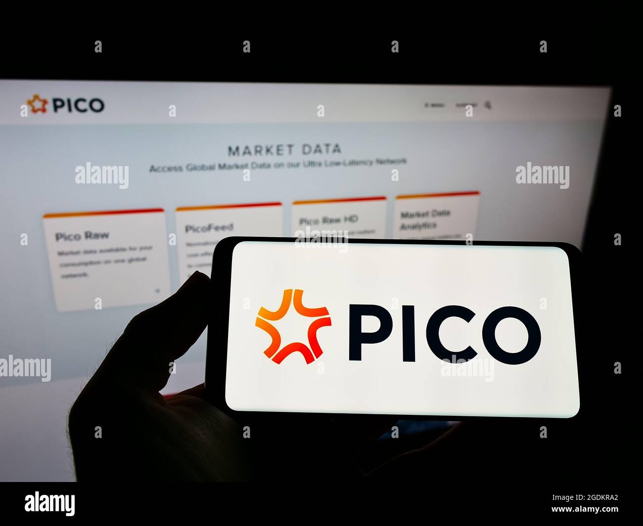 Person holding cellphone with logo of US technology company Pico ...
