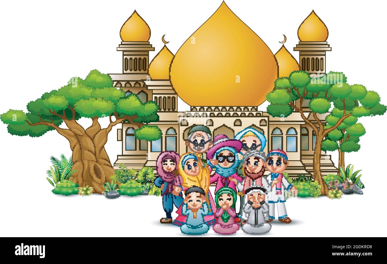 Happy Muslim Kids Cartoon in front of a mosque Stock Vector Image & Art ...