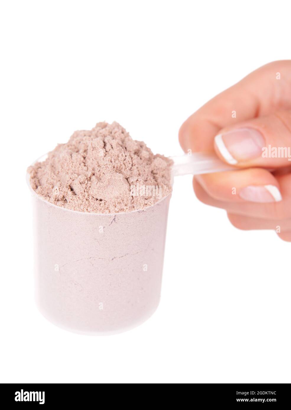 Female hand holding scoop with whey protein powder isolated on white ...