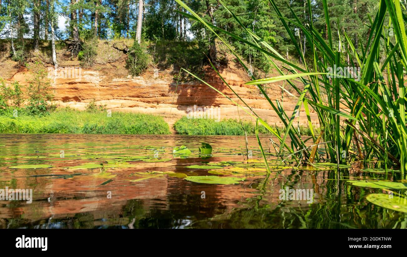 colorful summer landscape from the river, with red, sandstone cliffs on ...