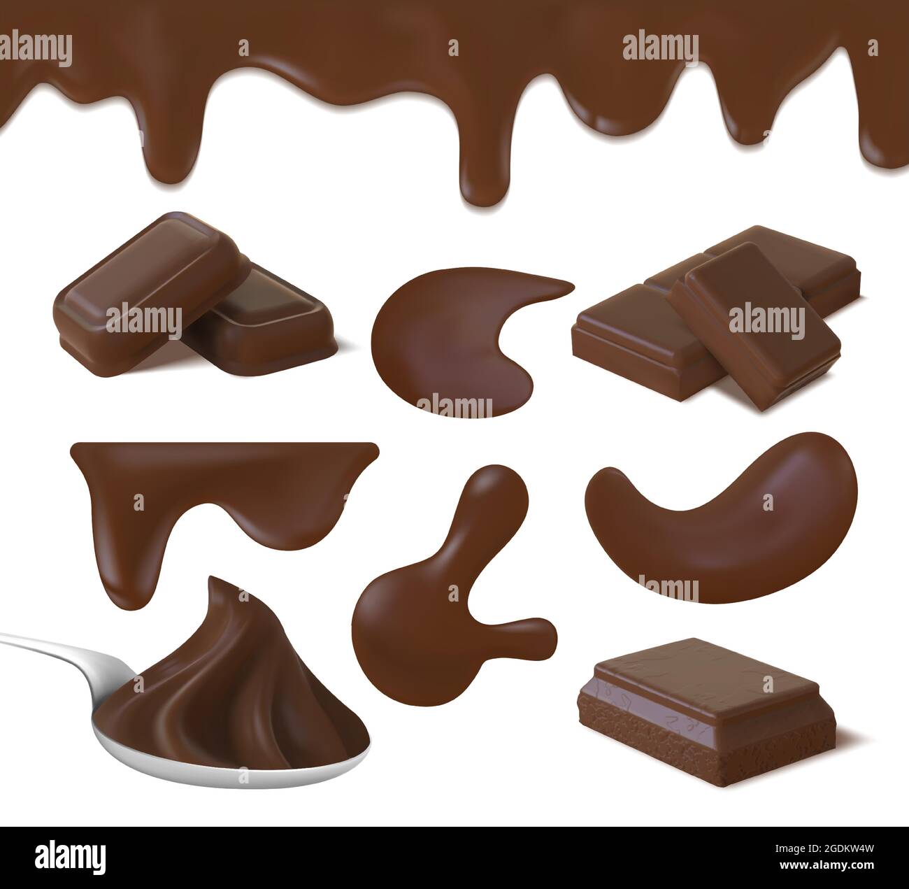 Realistic chocolate cream puddles, cocoa butter and bar pieces. Dark ...