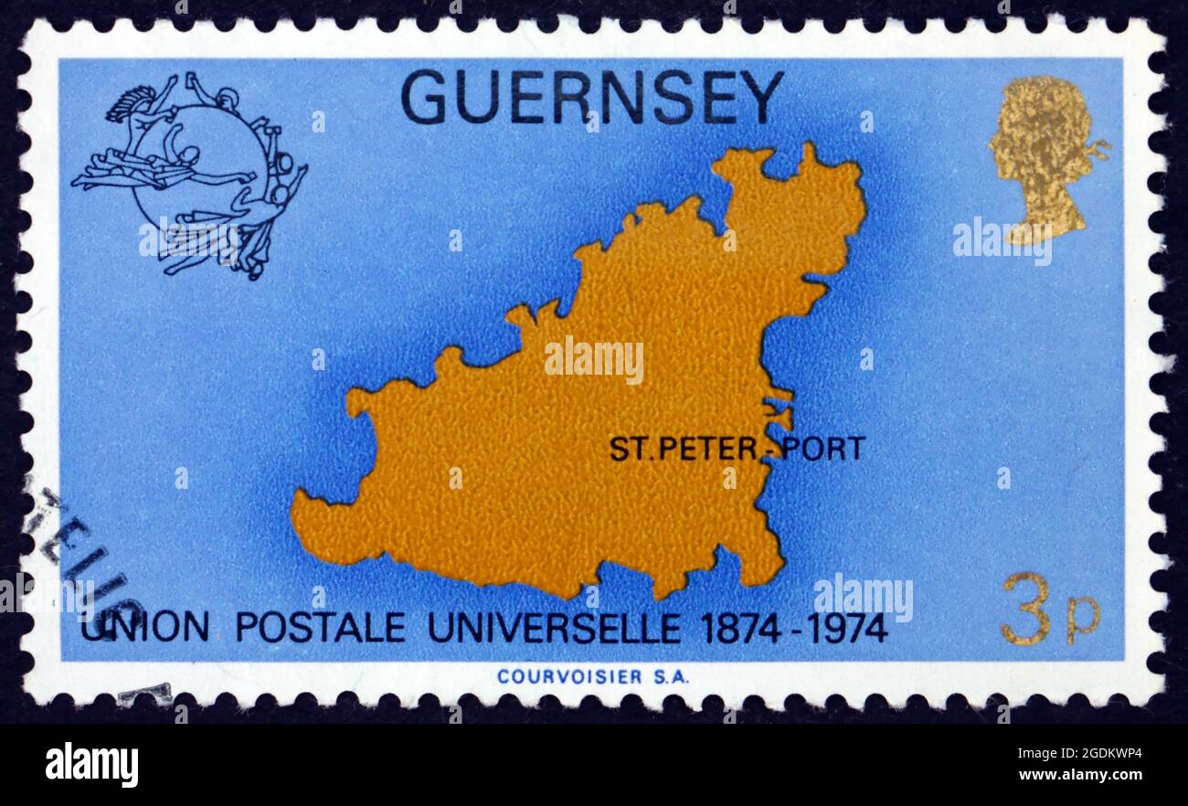 GUERNSEY - CIRCA 1974: a stamp printed in Guernsey shows map of ...