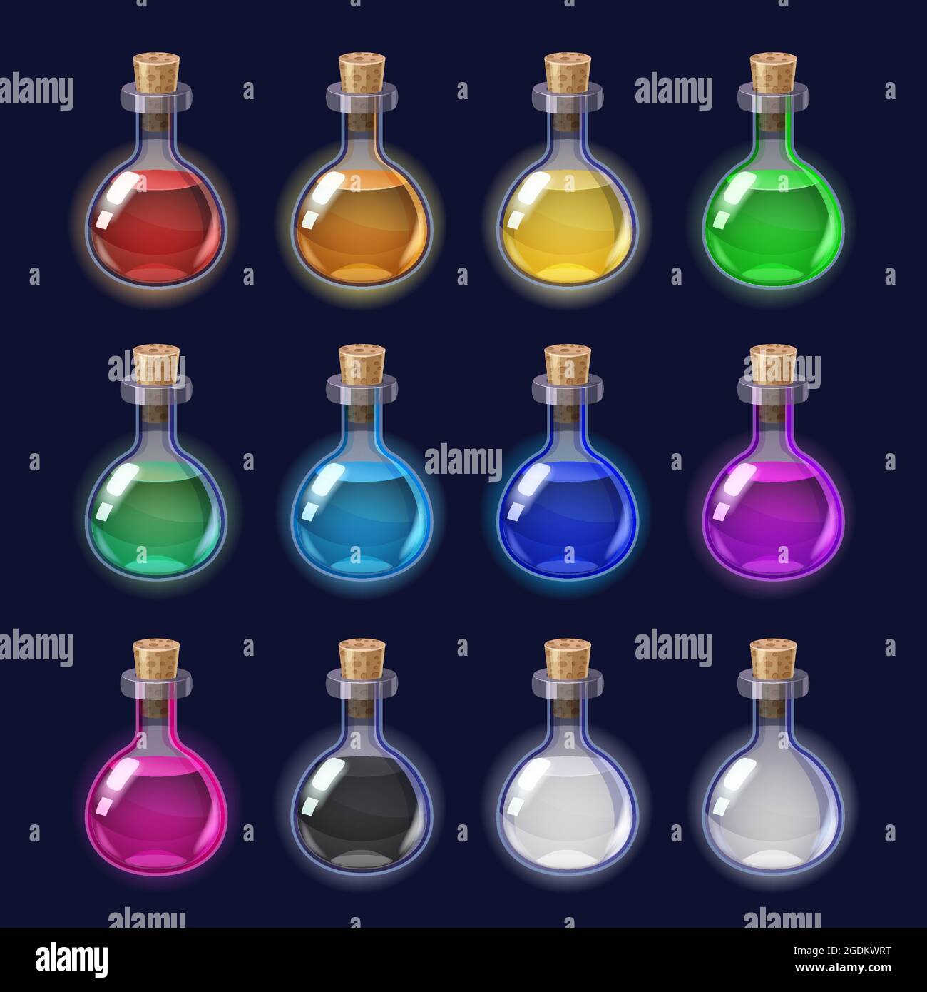 Set Bottles liquid potion magic elixir colorful . Game icon GUI for app games user interface ...