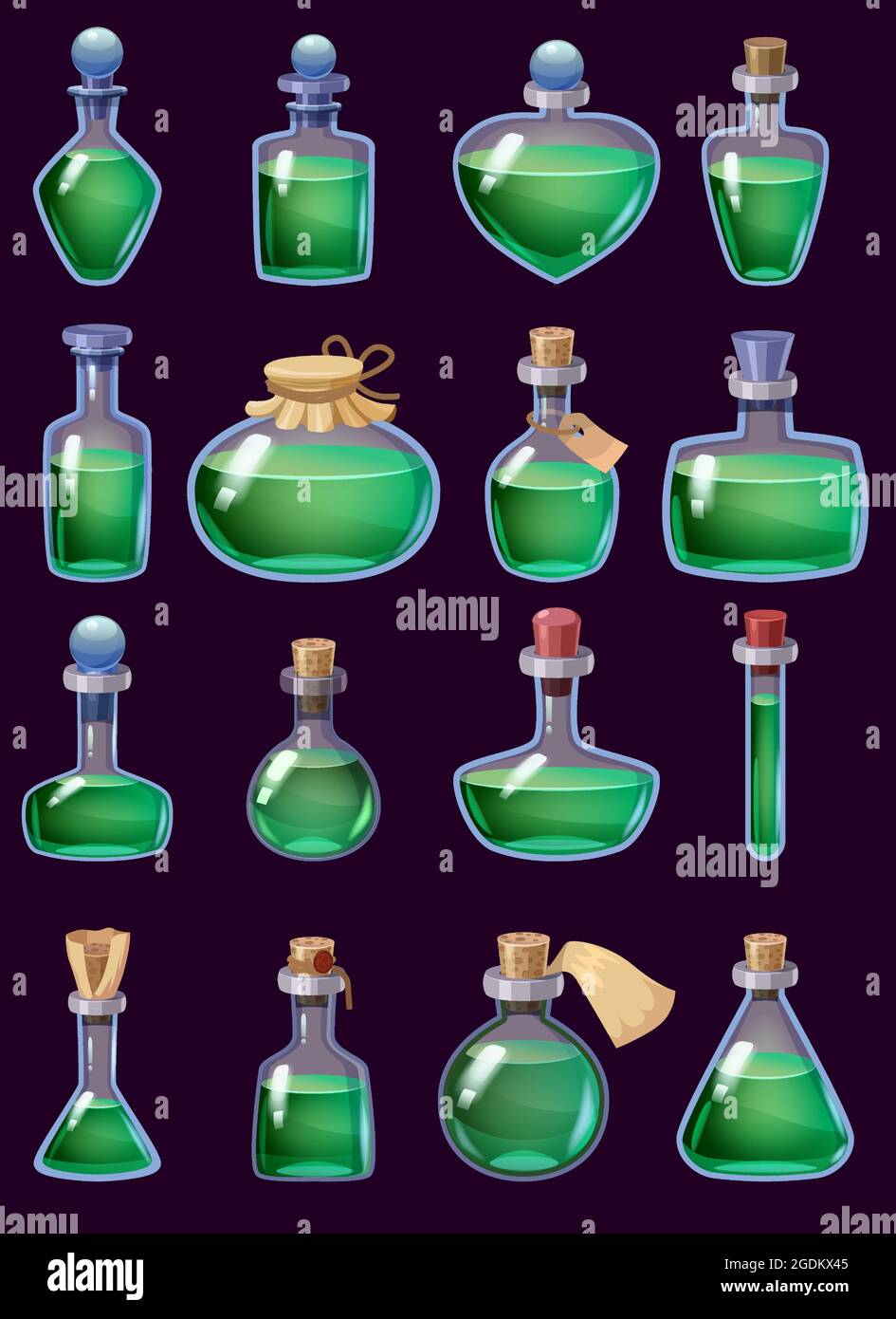 Set of Bottles liquid potion magic elixir colorful . Game icon GUI for app games user interface ...