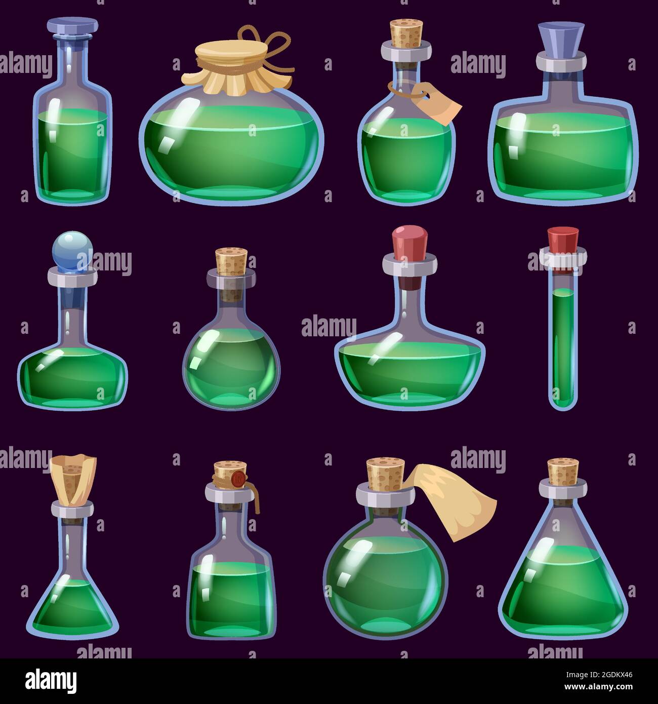 Set of Bottles liquid potion magic elixir colorful . Game icon GUI for app games user interface ...