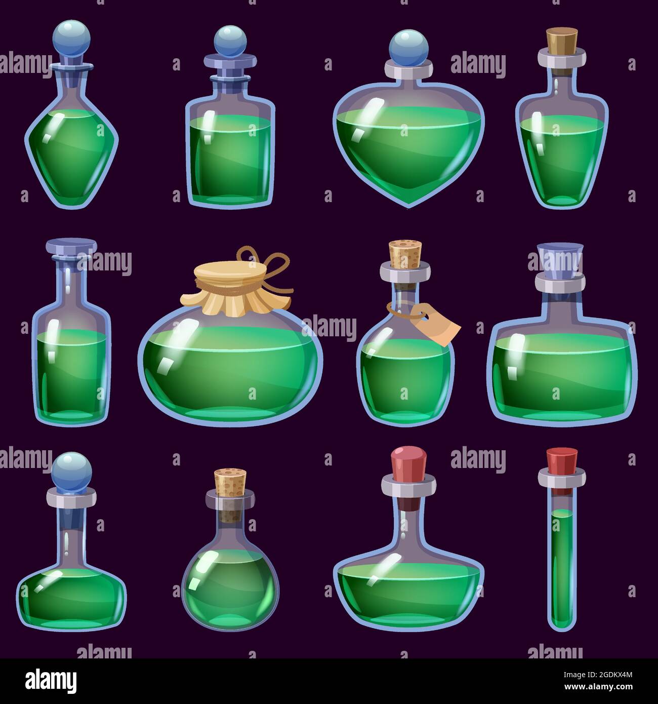 Set of Bottles liquid potion magic elixir colorful . Game icon GUI for app games user interface ...