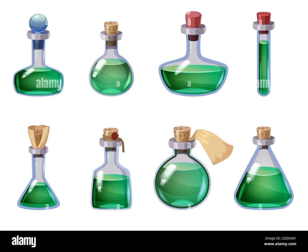 Set of Bottles magic liquid potion fantasy elixir. Game icon GUI for app games user interface ...