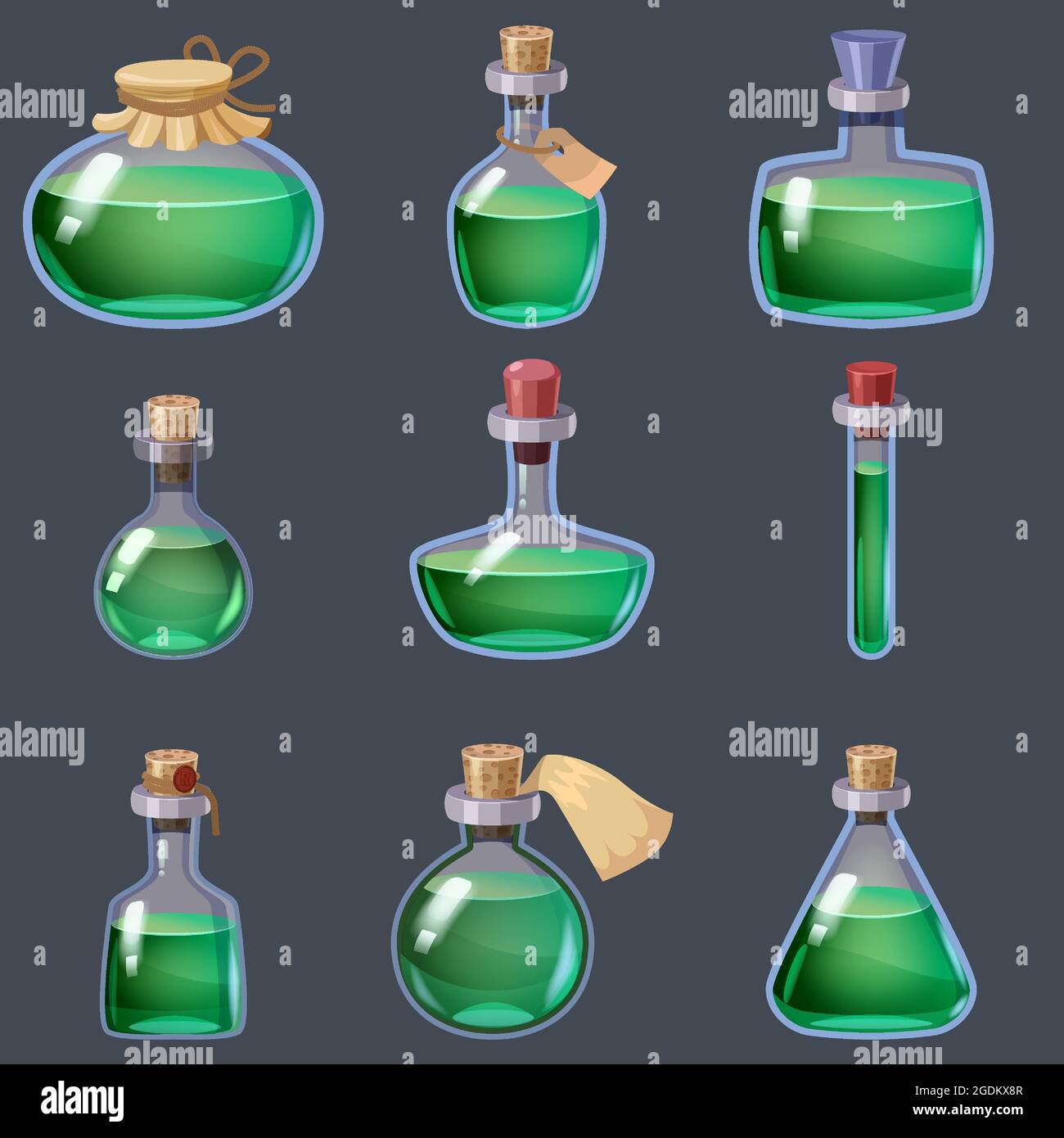 Set of magic Bottles liquid potion fantasy elixir. Game icon GUI for app games user interface ...