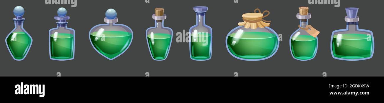 Set of Bottles magic liquid potion fantasy elixir. Game icon GUI for app games user interface ...