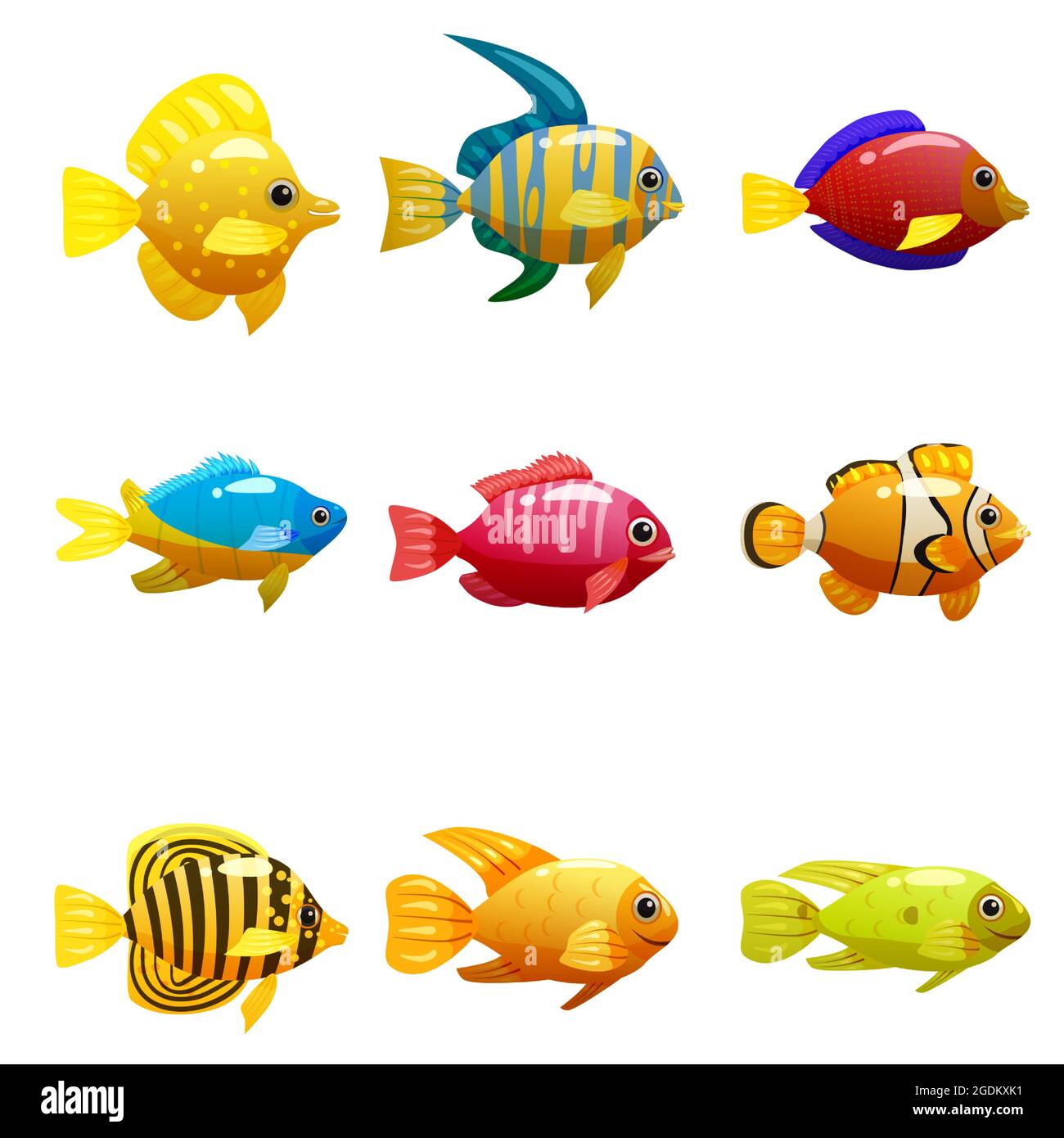 Set Tropical yellow fish, coral reef exotic pet animal. Collection ...