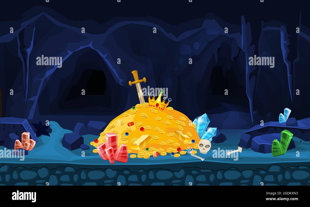 Concept Treasure cave, gold pile, coins, gems, crown, sword, crystals ...