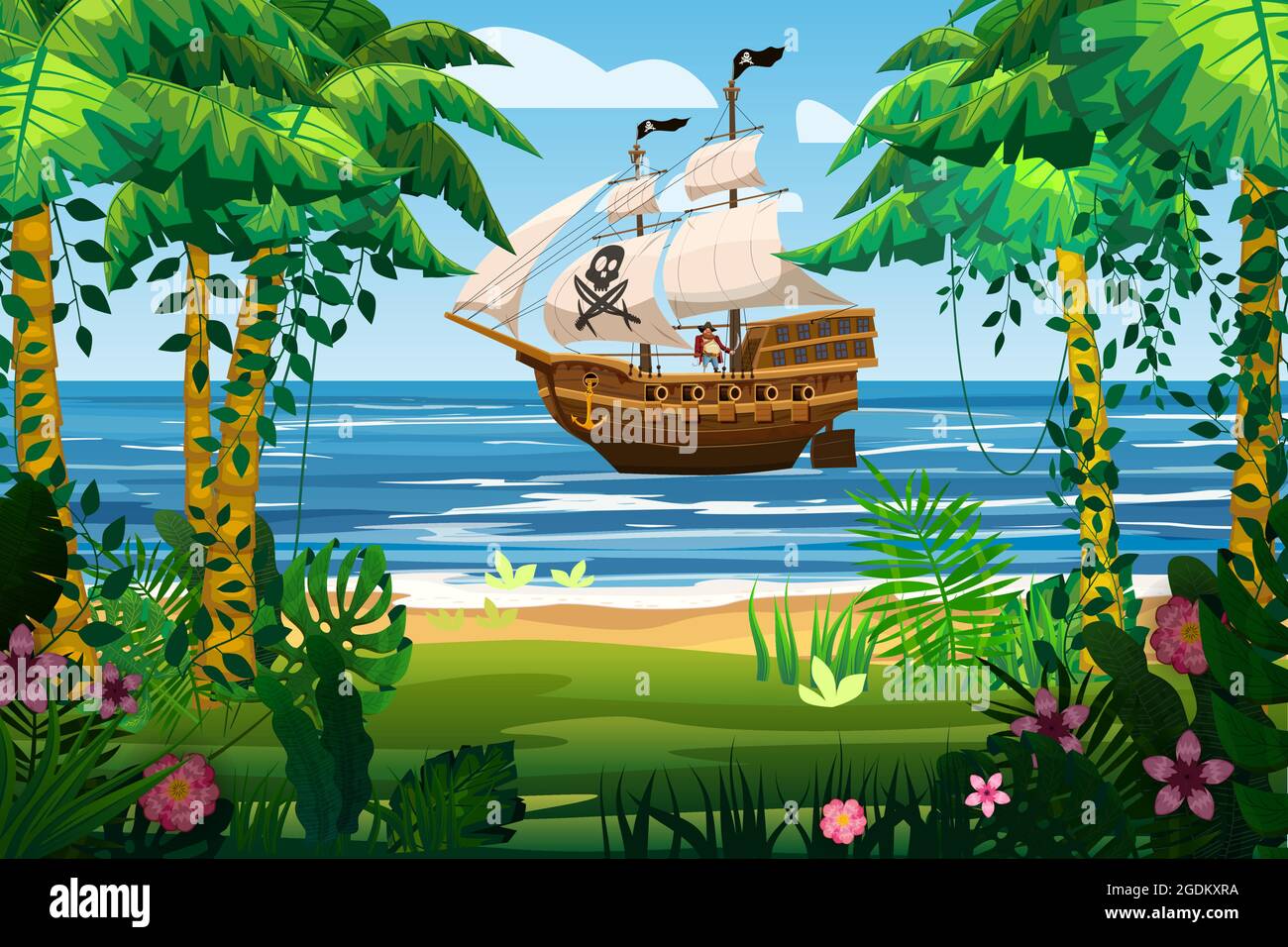 Pirate ship under sail in ocean. Tropical Island, tropical, palms ...